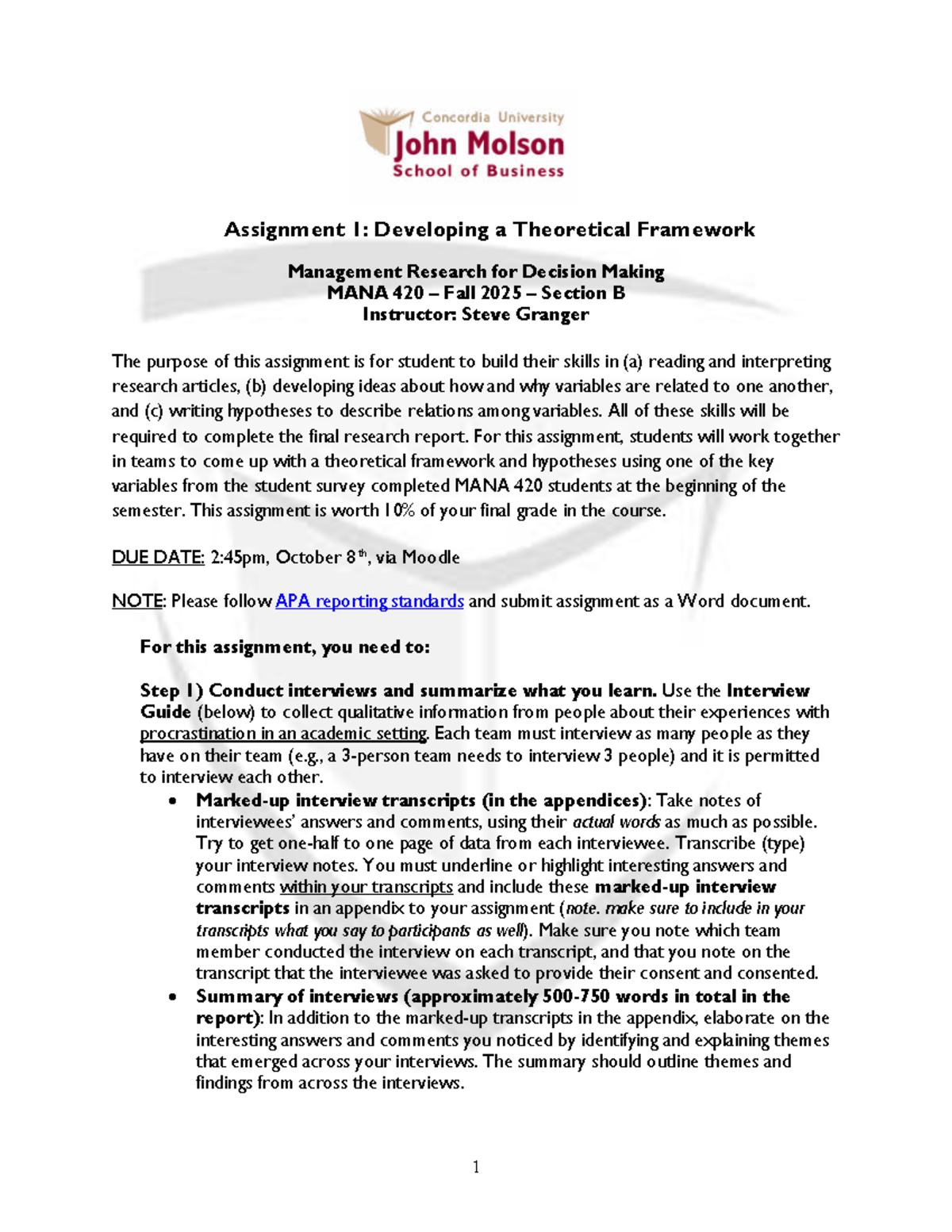 MANA 420: Assignment 1 - Theoretical Framework on Procrastination - Studocu