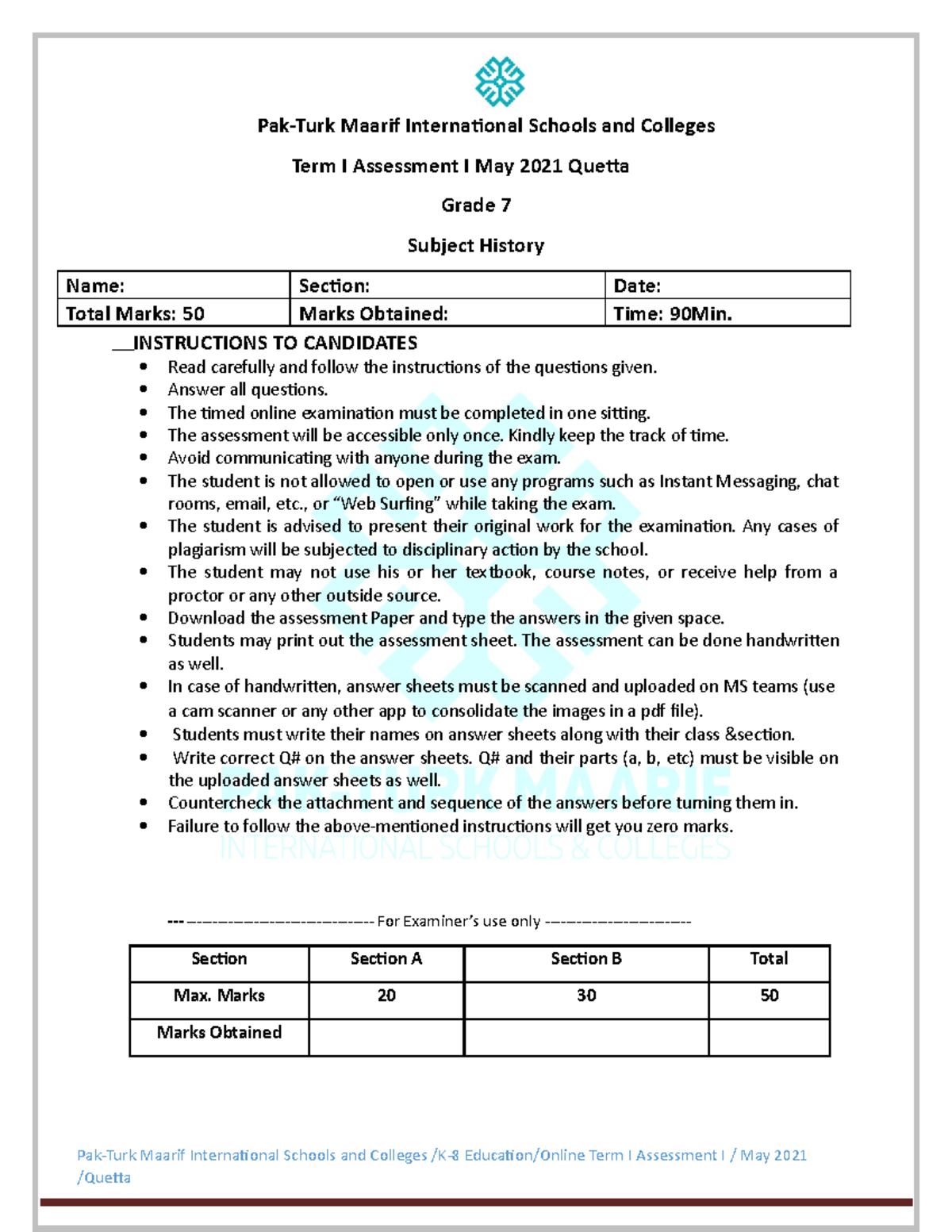 Grade 7 History Quetta Assessment May 21 - Pak-Turk Maarif ...