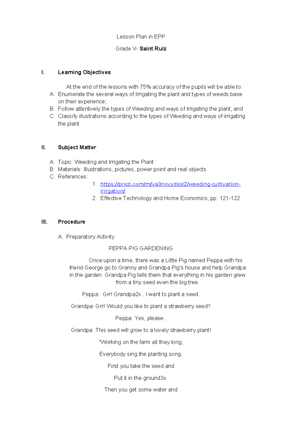 Weeding and irrigating plant. lesson plan - Lesson Plan in EPP Grade V ...