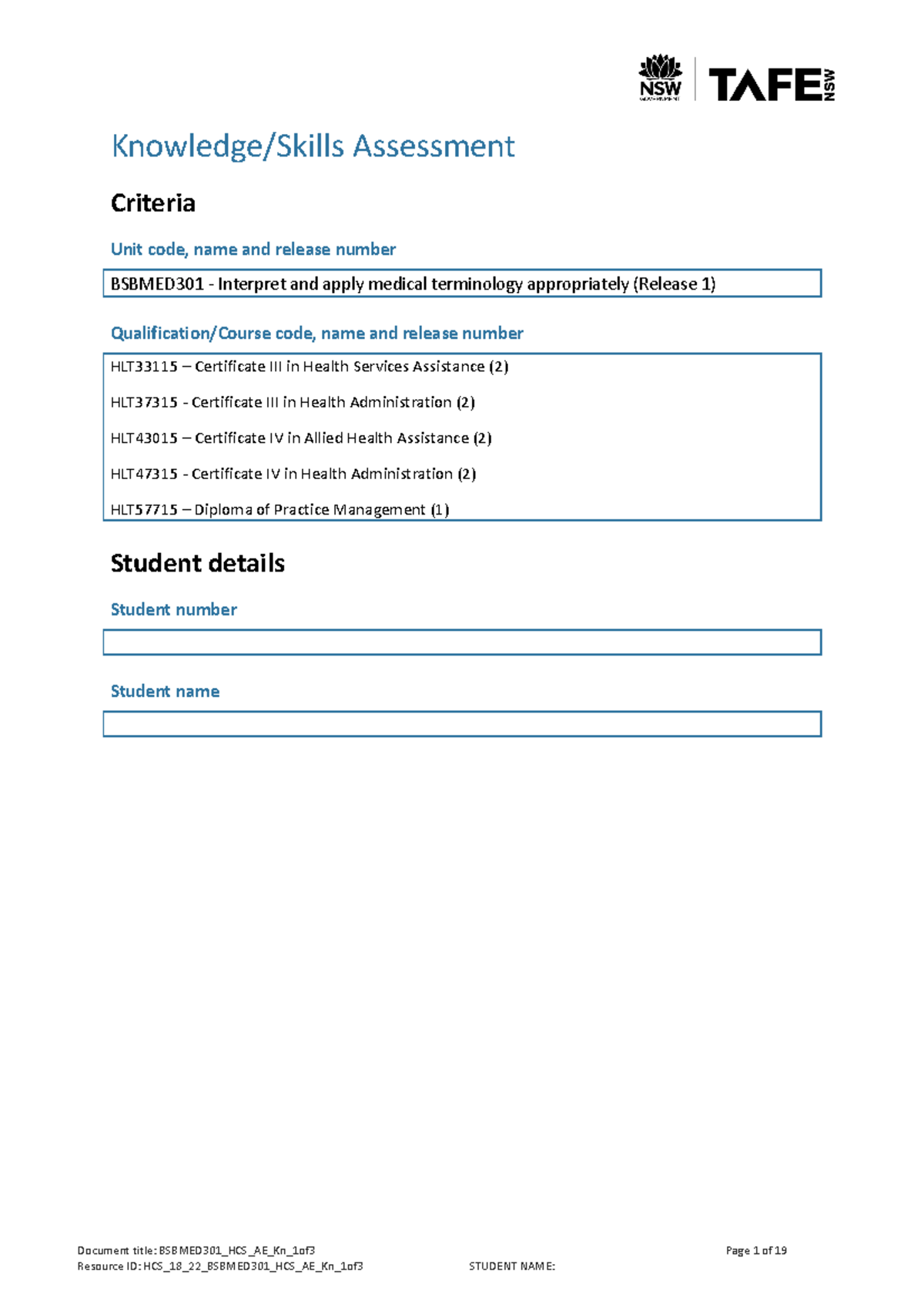 BSBMED301 HLT33115 Knowledge and Skills Assessment 1 of 3 - Studocu