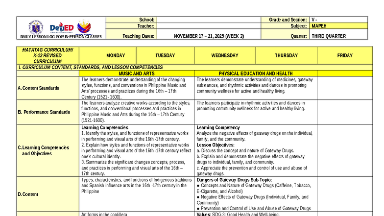 G5 Q3 W3 DLL MAPEH: Weekly Lesson Plan for Music & Arts - Studocu