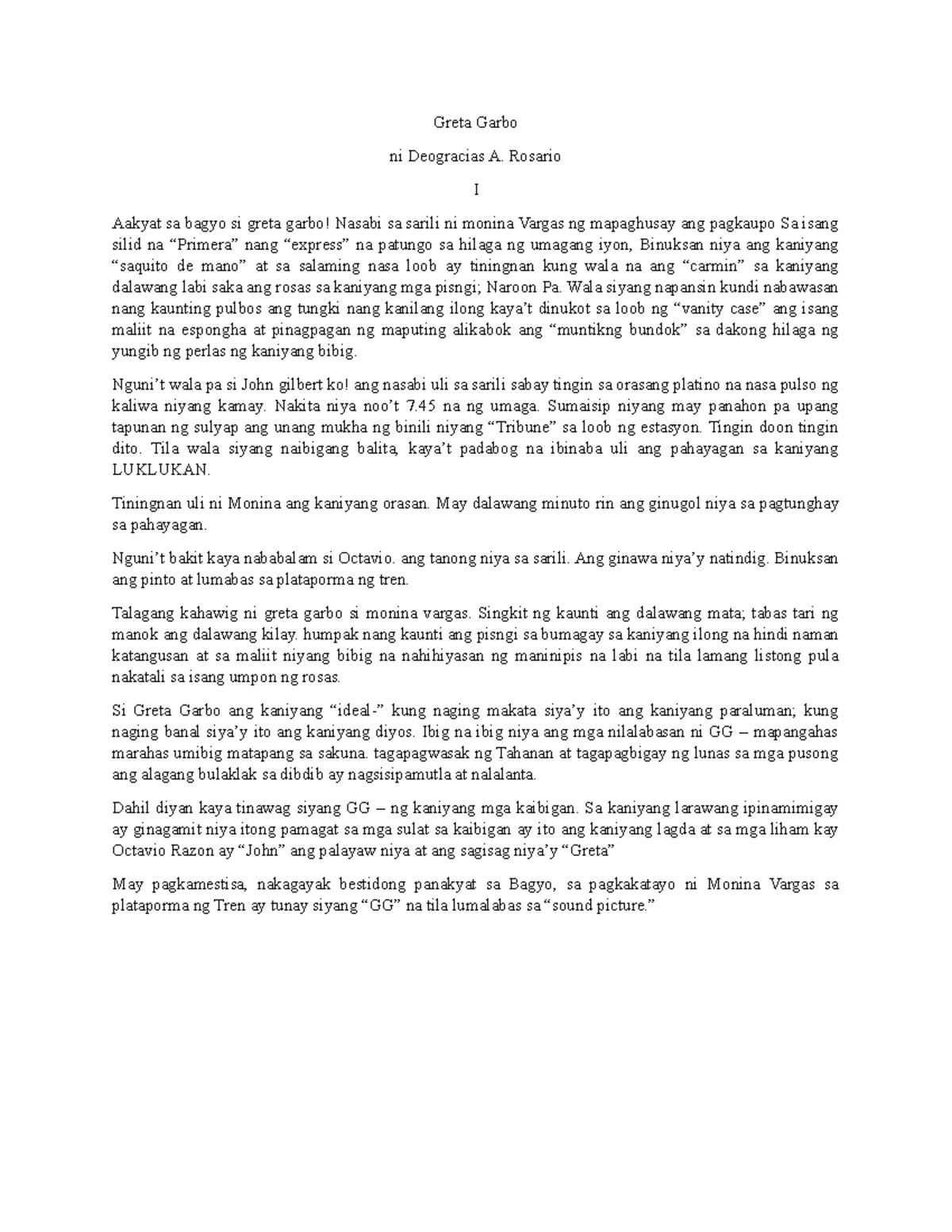 Greta Garbo: Kwento ni Monina Vargas at ang Kaniyang Idol GG - Studocu