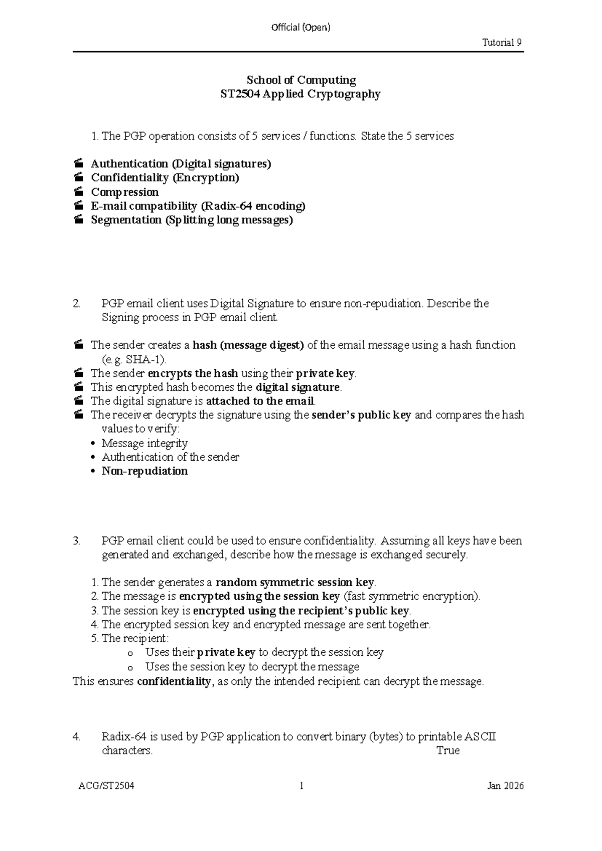 ST2504 Applied Cryptography: PGP Tutorial 9 Overview - Studocu