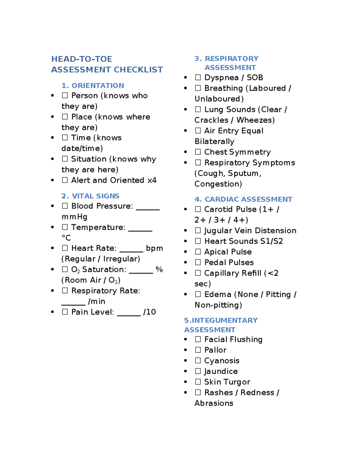 Head to Toe Assessment Checklist for Nursing Practice - Studocu