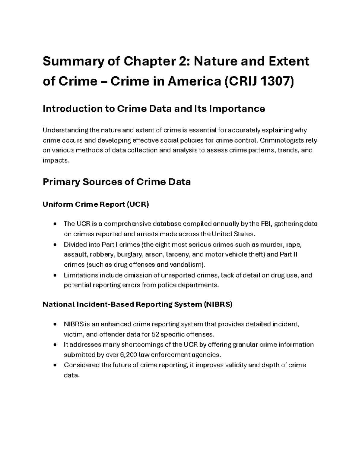 Chapter 2 Summary: Nature & Extent of Crime in America (CRIJ 1307 ...
