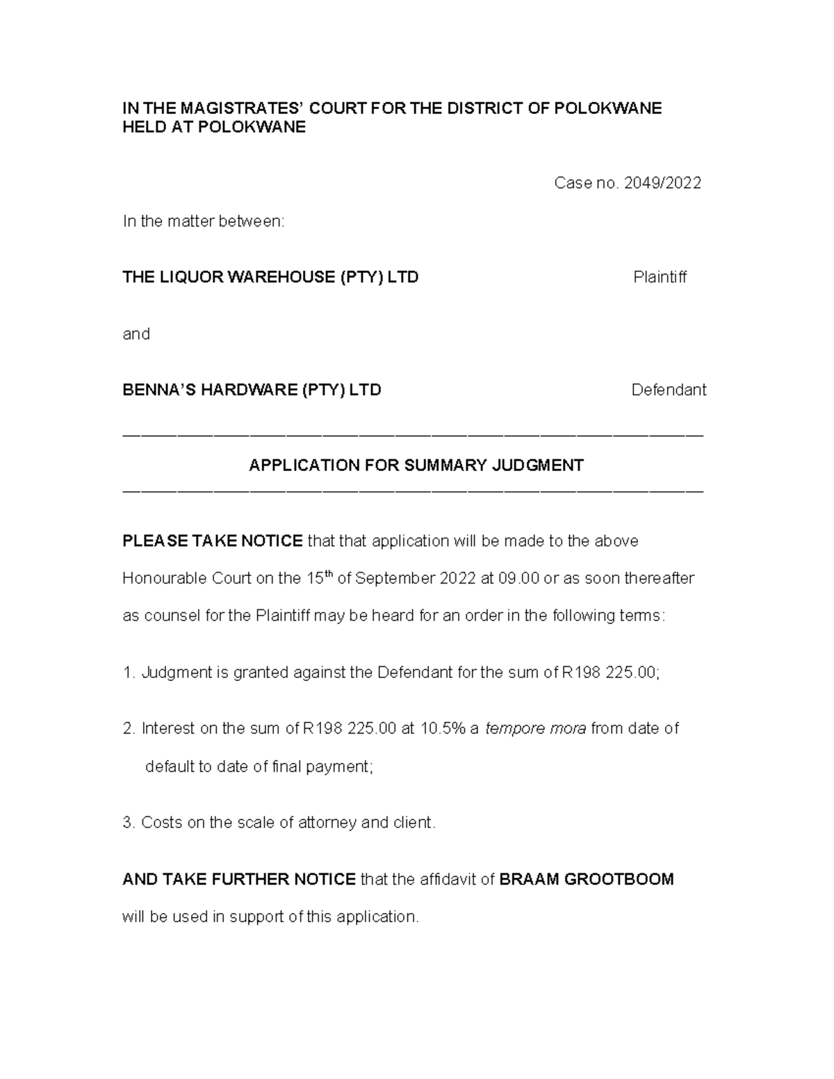 Summary Judgment Application - Case No. 2049 - Polokwane Court - Studocu
