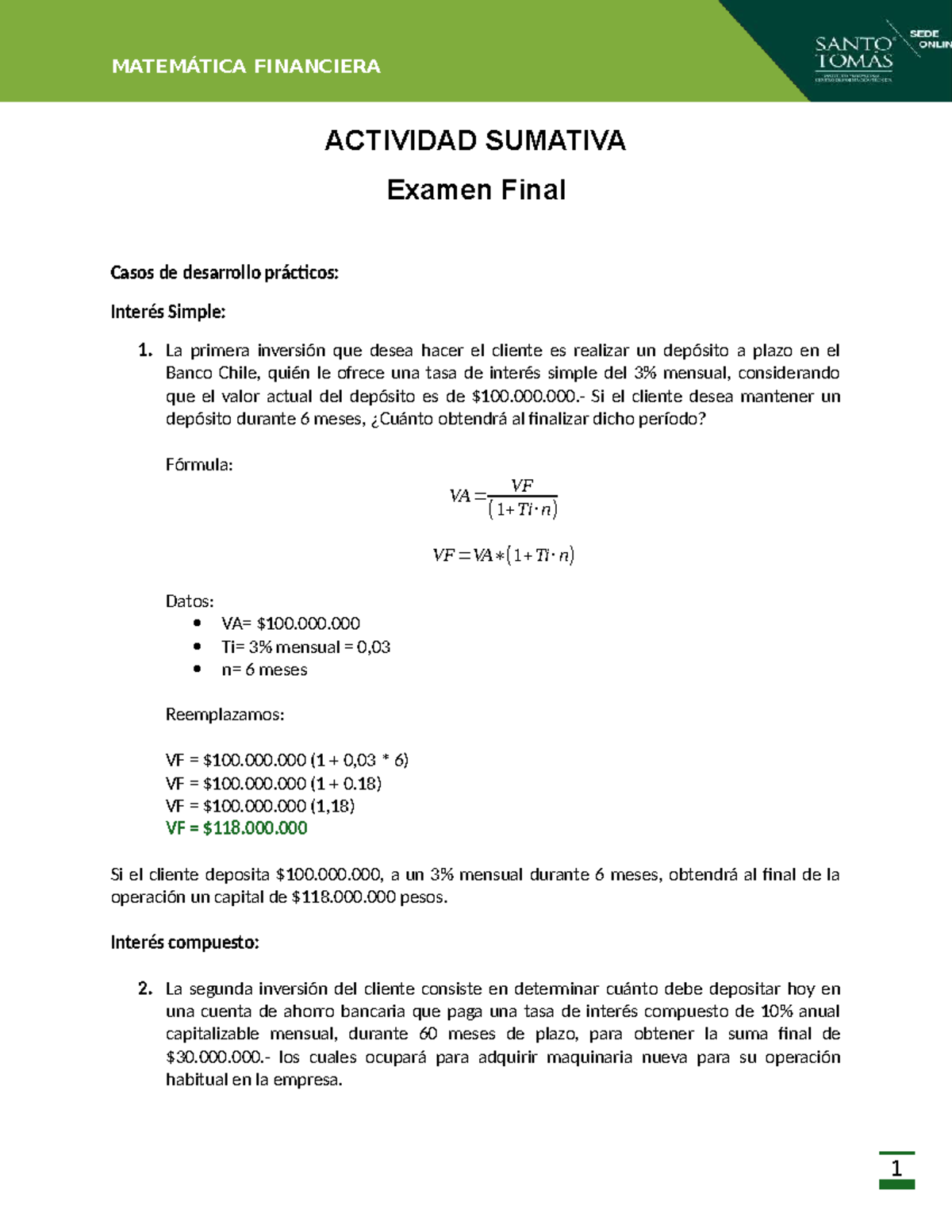 MATEMÁTICA FINANCIERA Actividad Sumativa: Examen Final sobre Interés ...