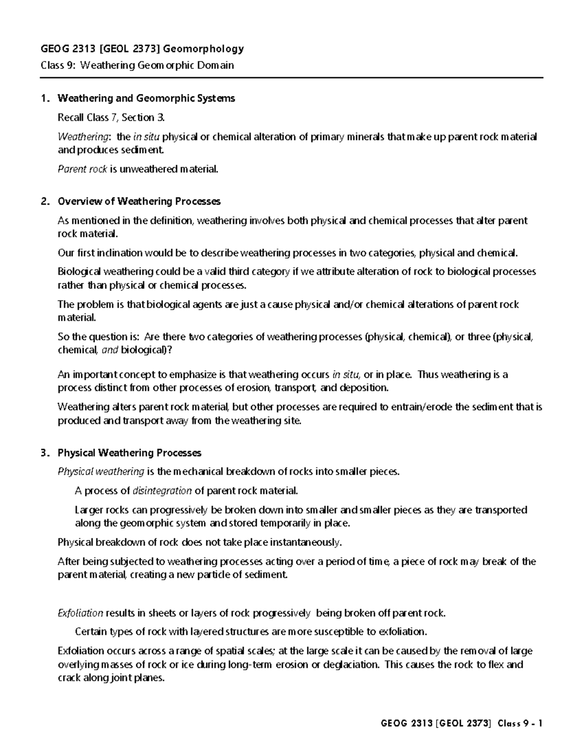 GEOG 2313 Geomorphology Class 9: Weathering Processes Overview - Studocu