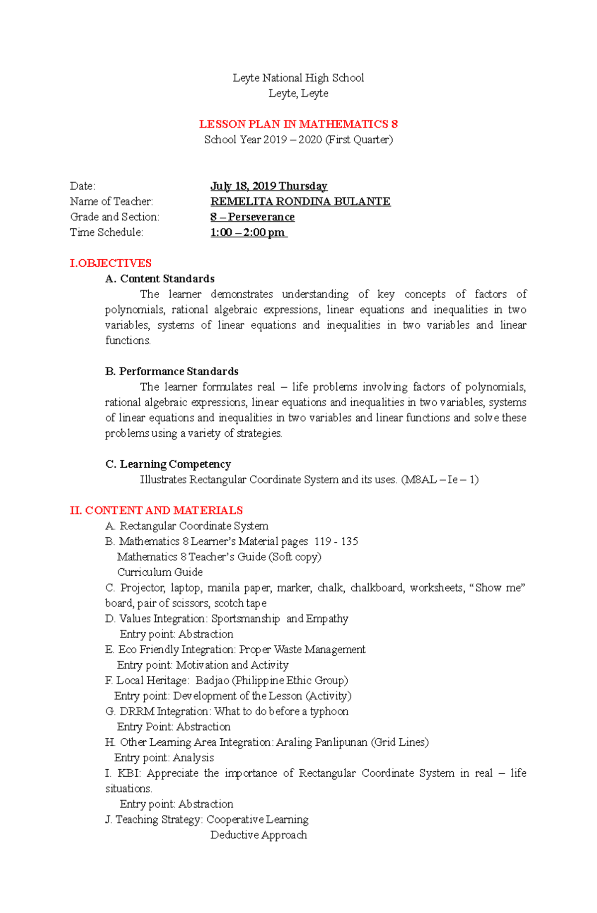 Lesson plan cot - learning strand 1 - Leyte National High School Leyte ...