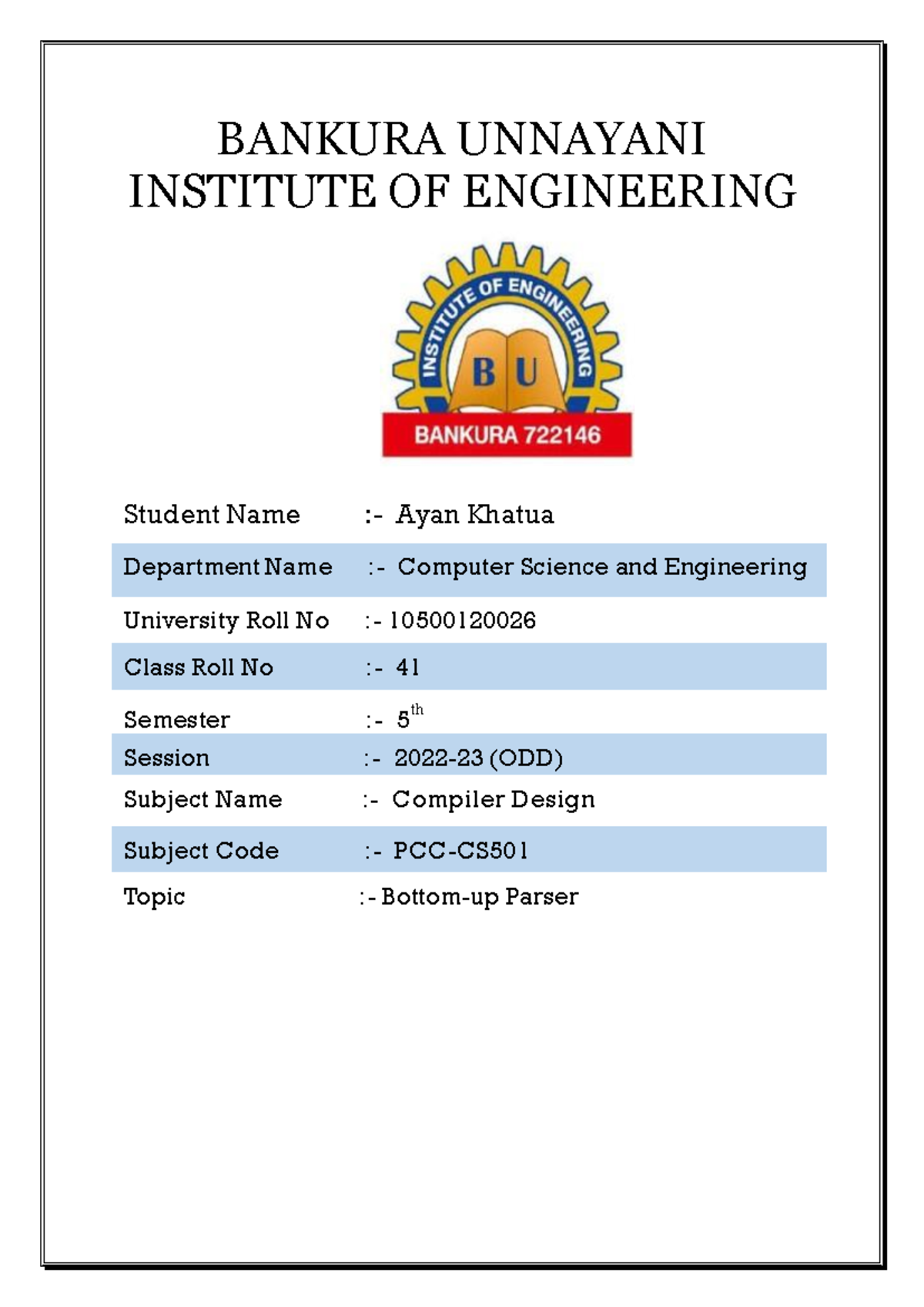 1050012002 6 - assigments - BANKURA UNNAYANI INSTITUTE OF ENGINEERING Student Name :- Ayan ...