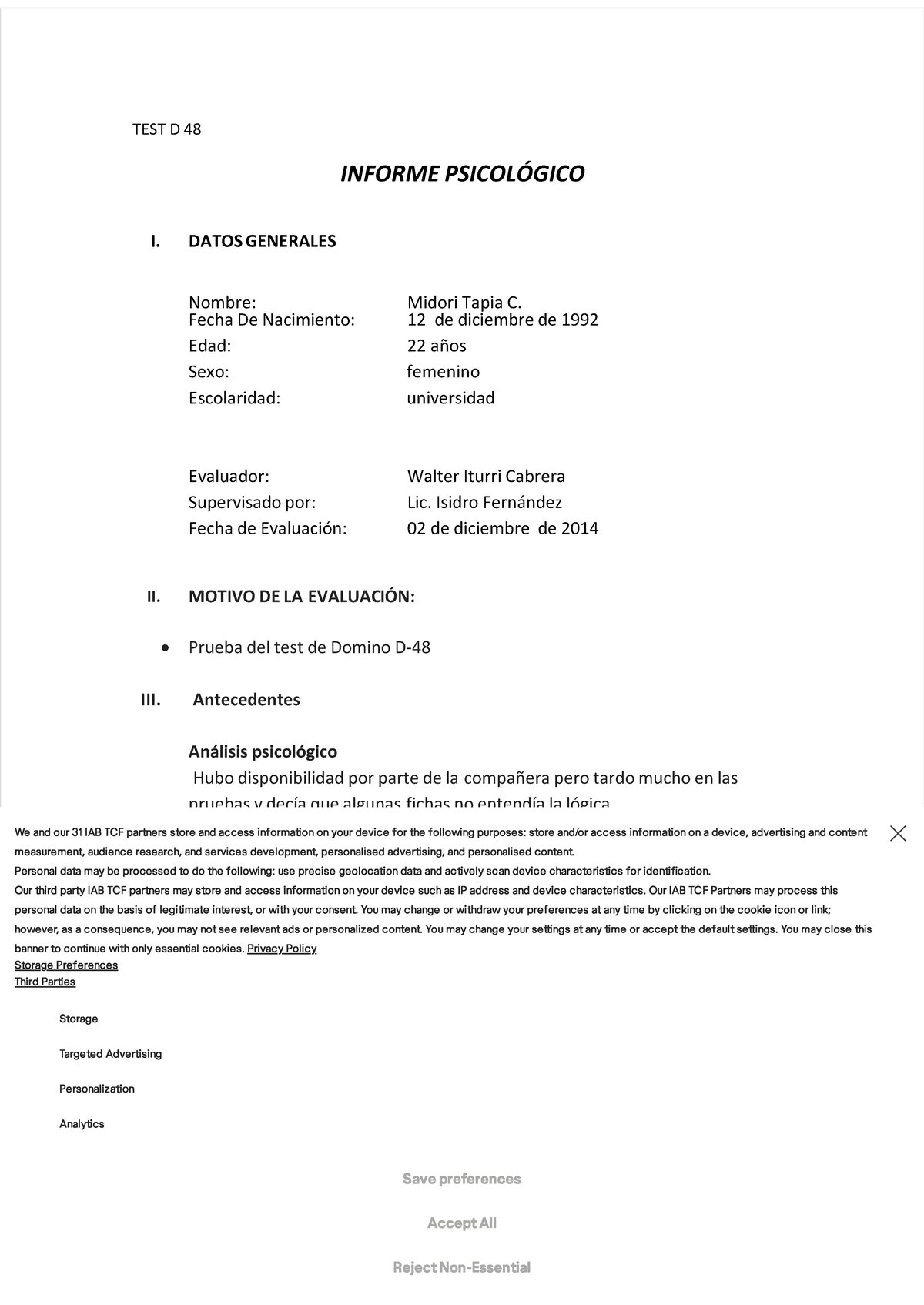 Informe Psicológico: Evaluación con Test D-48 - Studocu