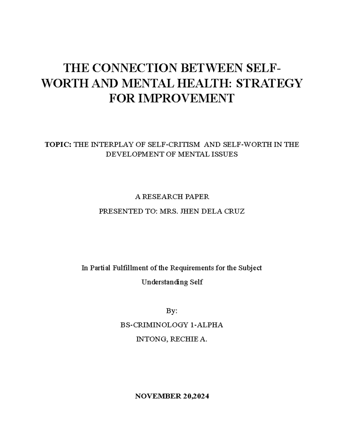 Understanding Self-Worth and Mental Health: A Research Study for INTONG ...