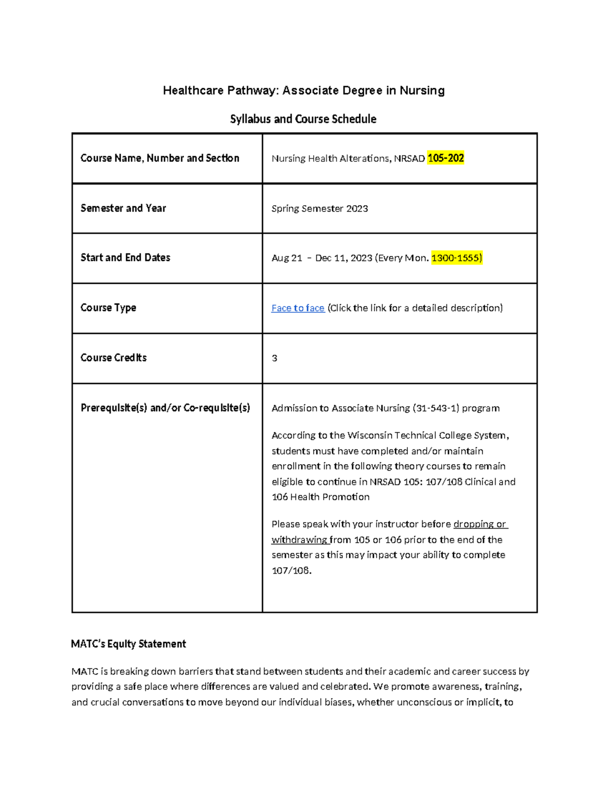 Copy of 105 Syllabus Fall 2023 - Healthcare Pathway: Associate Degree ...