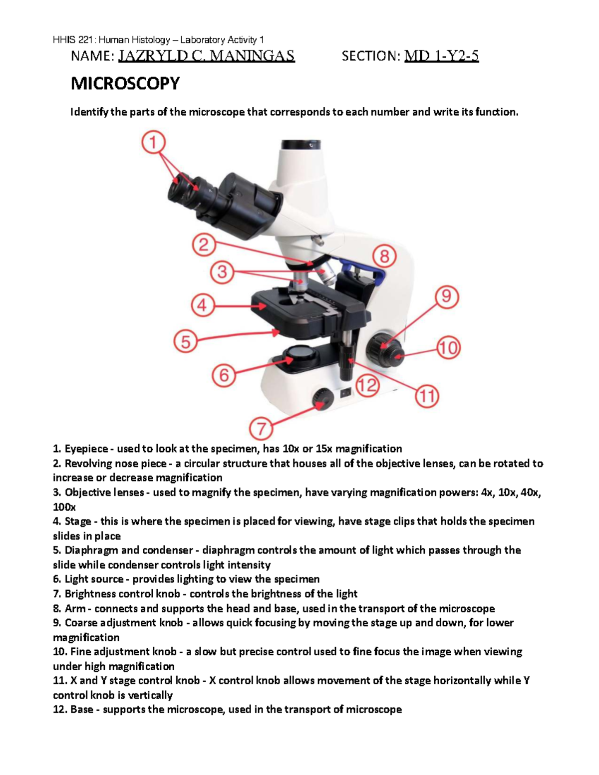 HHIS 221: Human Histology Lab Activity 1 - Microscope Parts & Functions ...