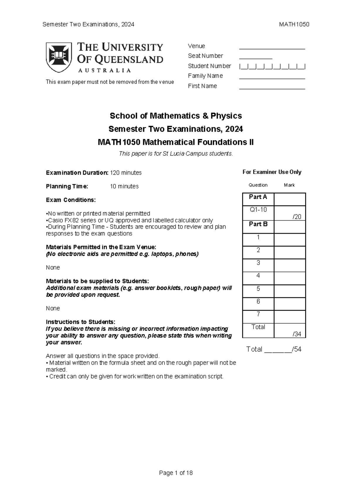 MATH1050 Final Exam Semester Two 2024 - Studocu