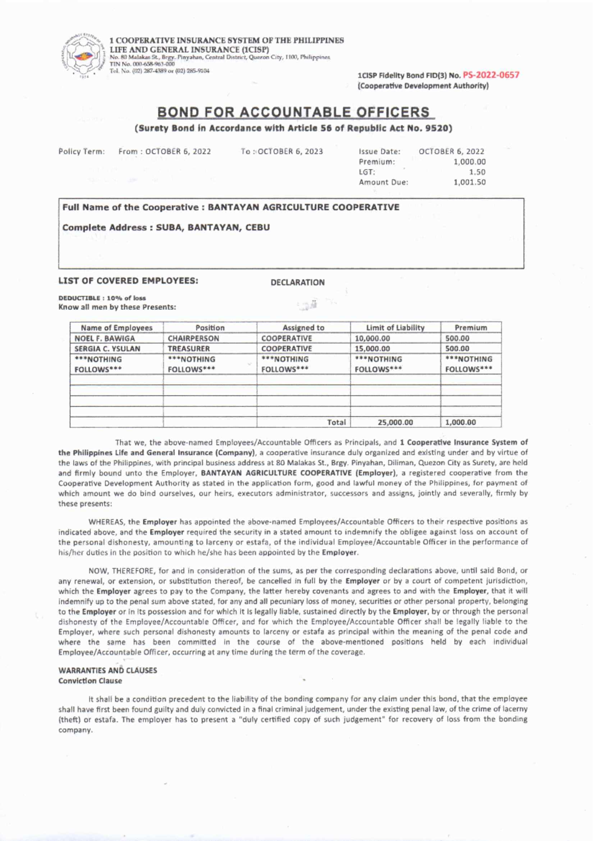 Surety Bond for Accountable Officers - 1CISP (Bantayan Agri Coop) - Studocu