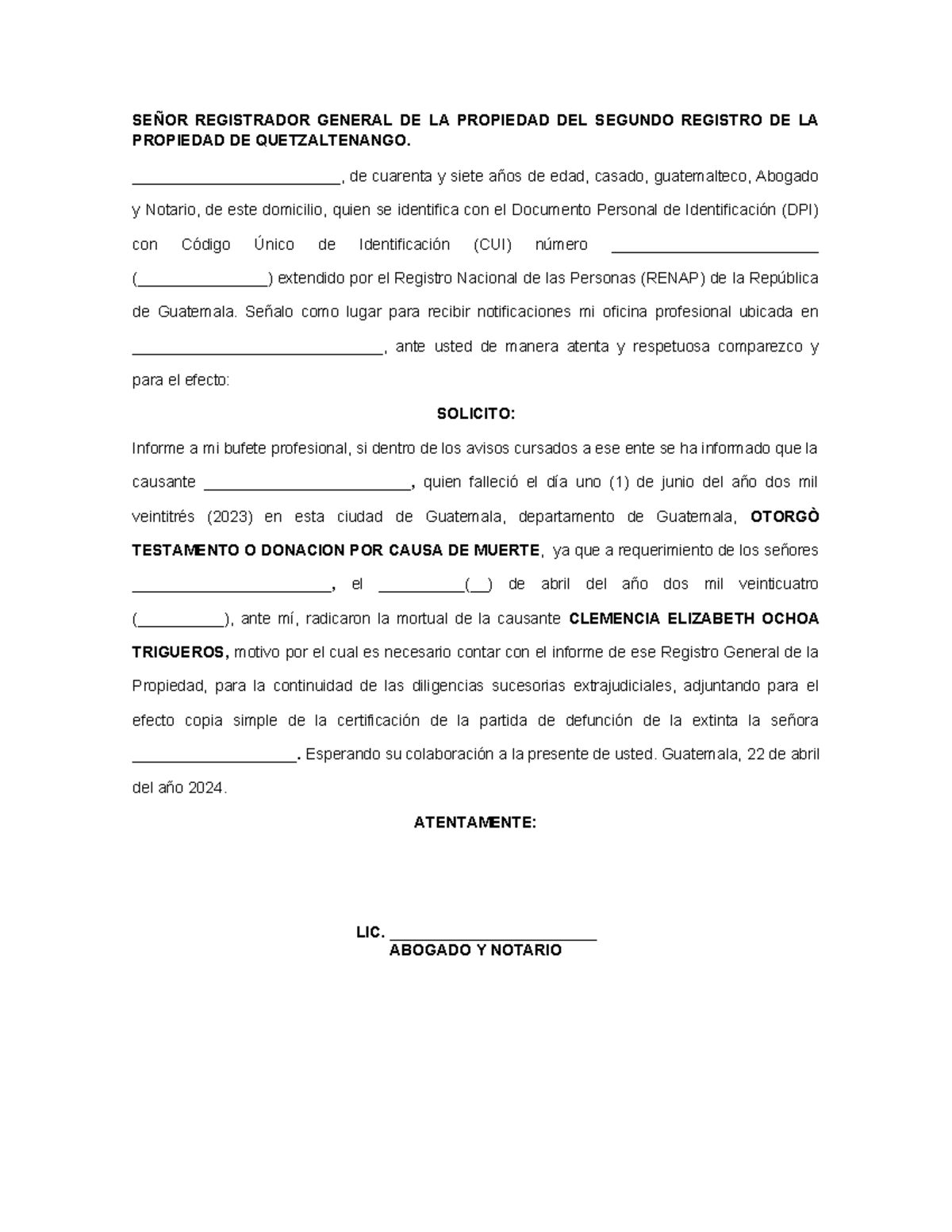 Aviso de Informe de Testamento - Segundo Registro de Propiedad - Studocu