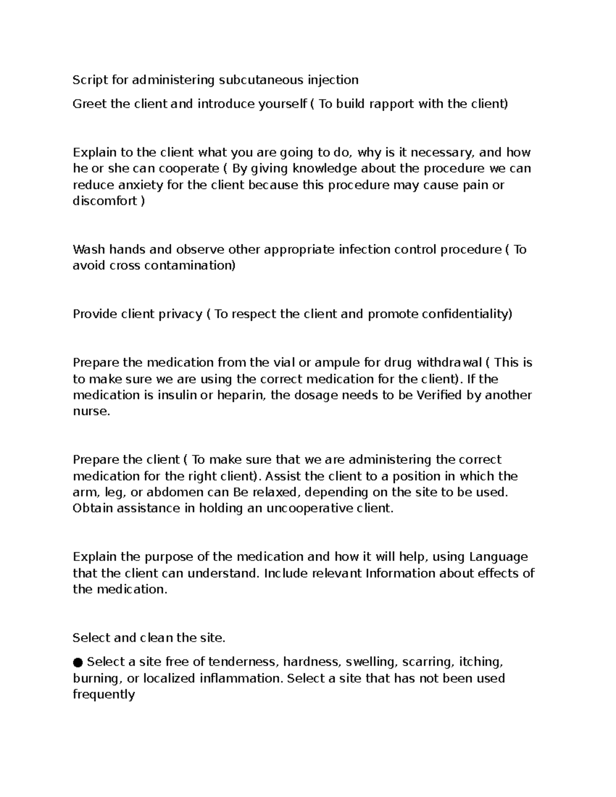 Subcutaneous Injection Admin Script: Procedure & Best Practices - Studocu