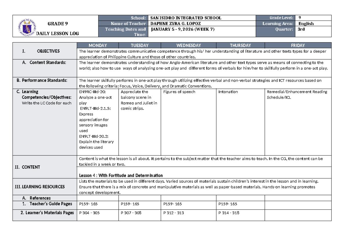 DLL English 9 Q3 W7 - Daily Lesson Log for Literature and Communication ...