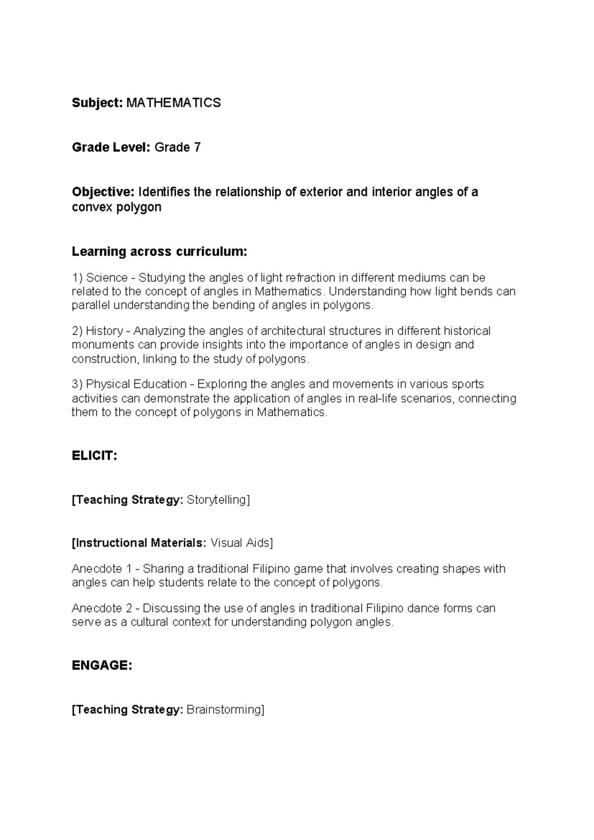 Grade 7 Mathematics Lesson Plan: Understanding Polygon Angles - Studocu