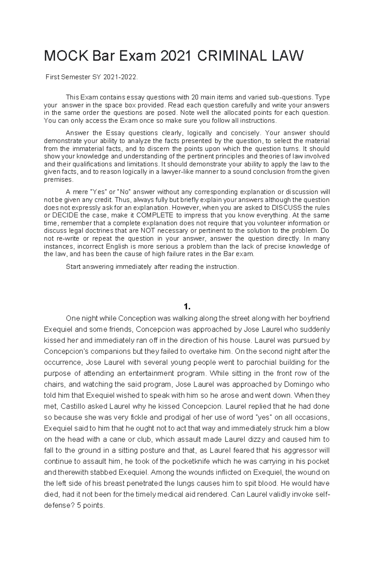 Criminal Law Mock Bar Exam Questions - SY 2021-2022 - Studocu