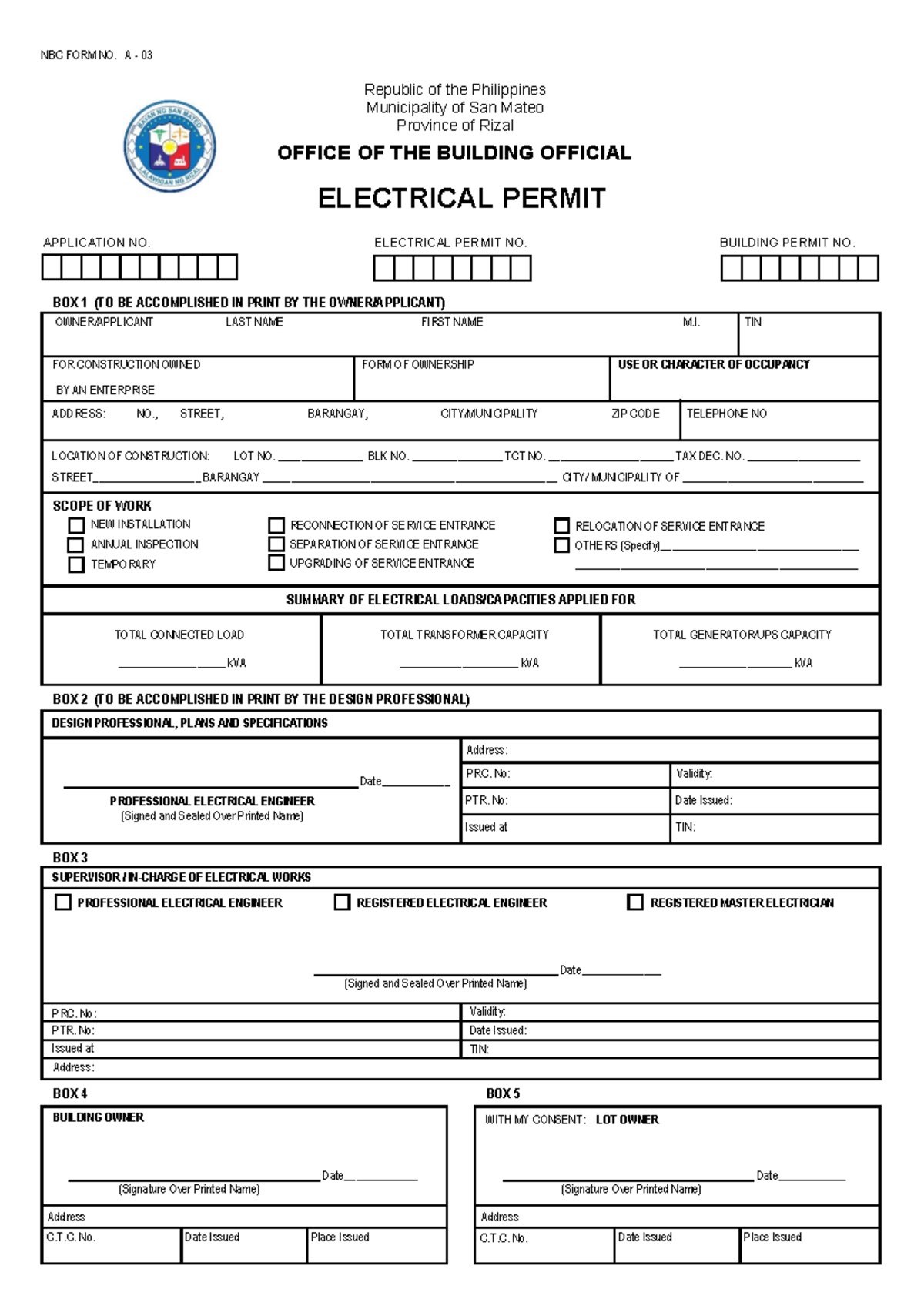 Electrical Permit Application Form - NBC FORM NO. A 03 - Studocu