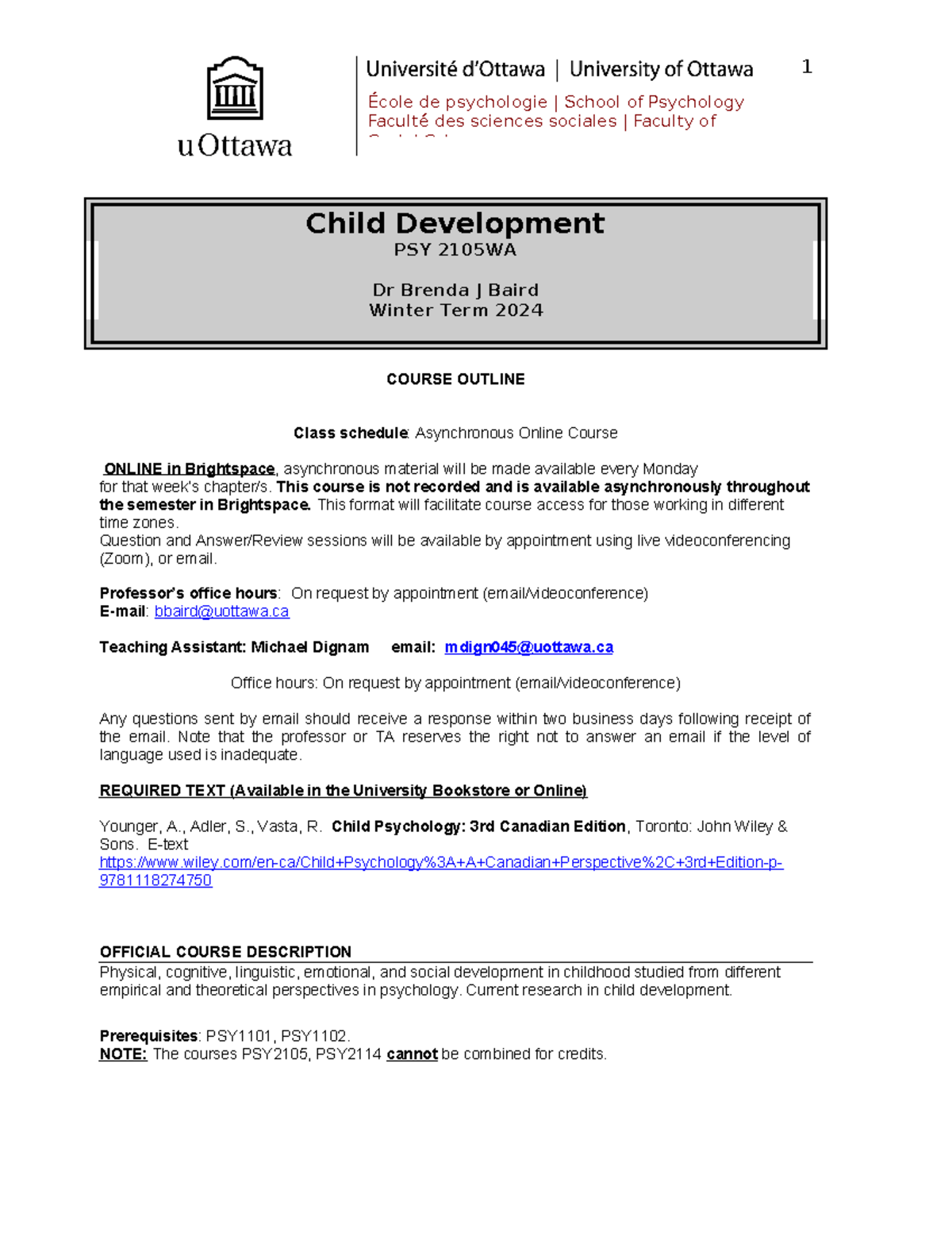 Child Development Syllabus PSY 2105WA Winter Term 2024 - Studocu