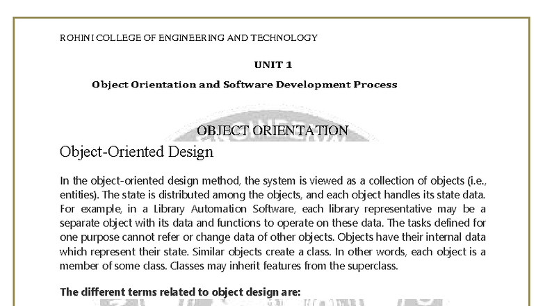 ROHINI COLLEGE OF ENGINEERING AND TECHNOLOGY UNIT 1: Object Orientation ...