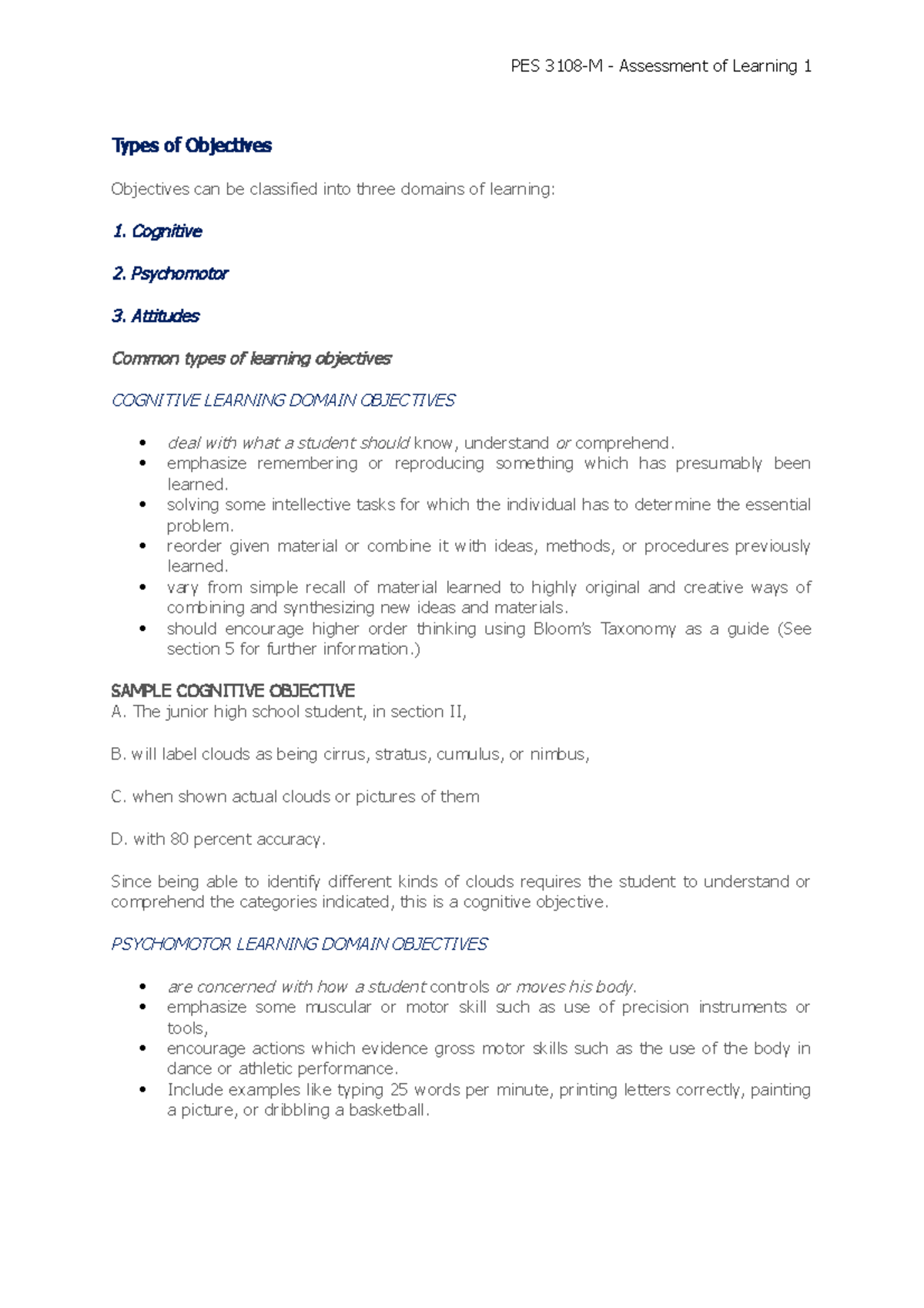 PES 3108-M - Learning Objectives Across Three Domains - Studocu