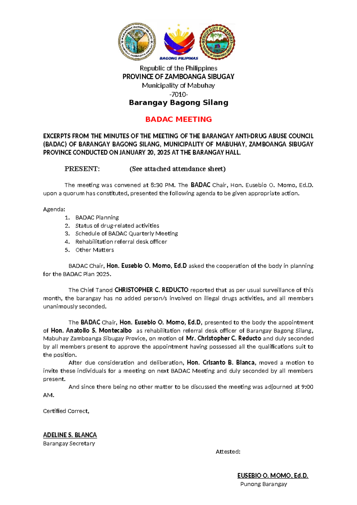 Badac Meeting Minutes - Barangay Bagong Silang & Barangay Lussoc - Studocu