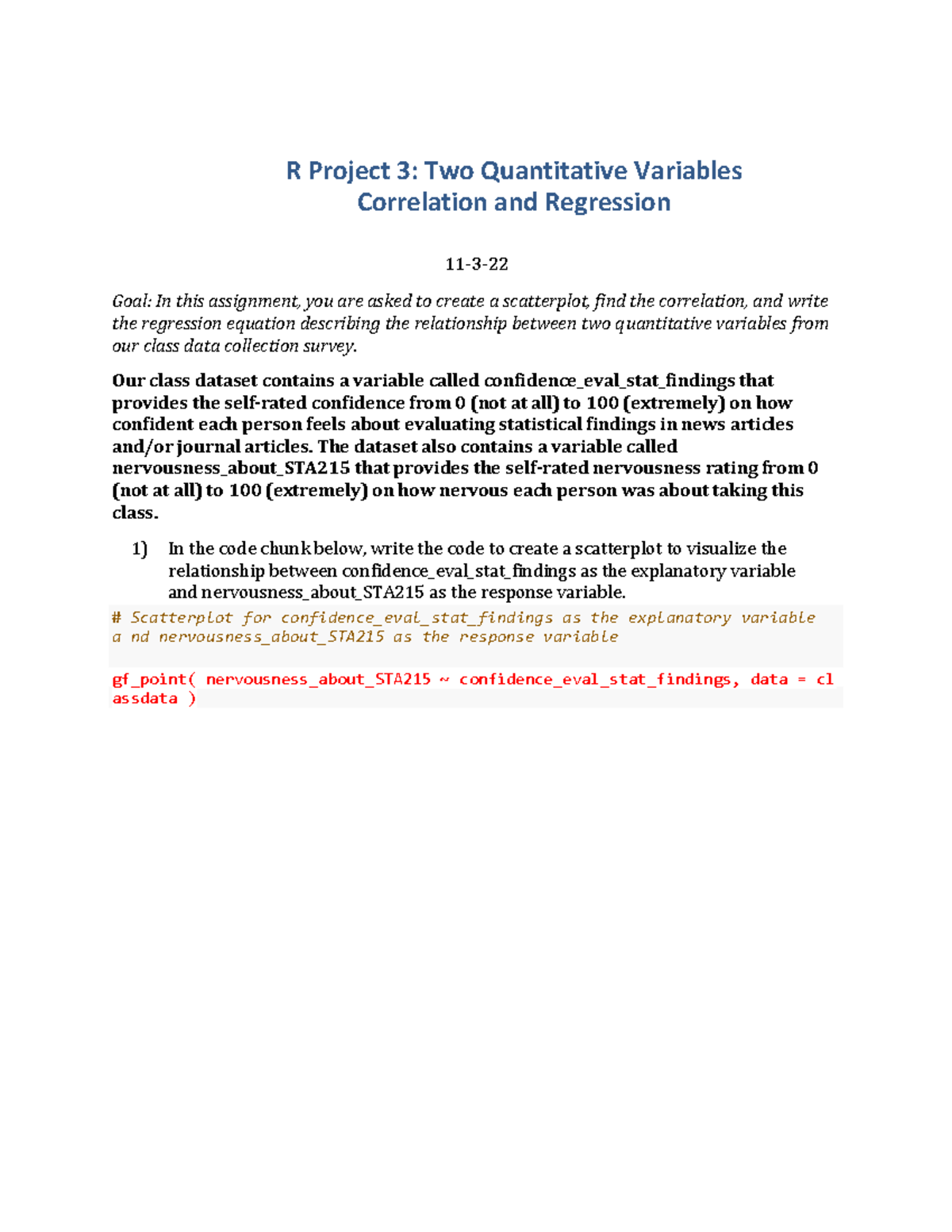 R Project 3 - Correlation and Regression Analysis in STA 215 - Studocu