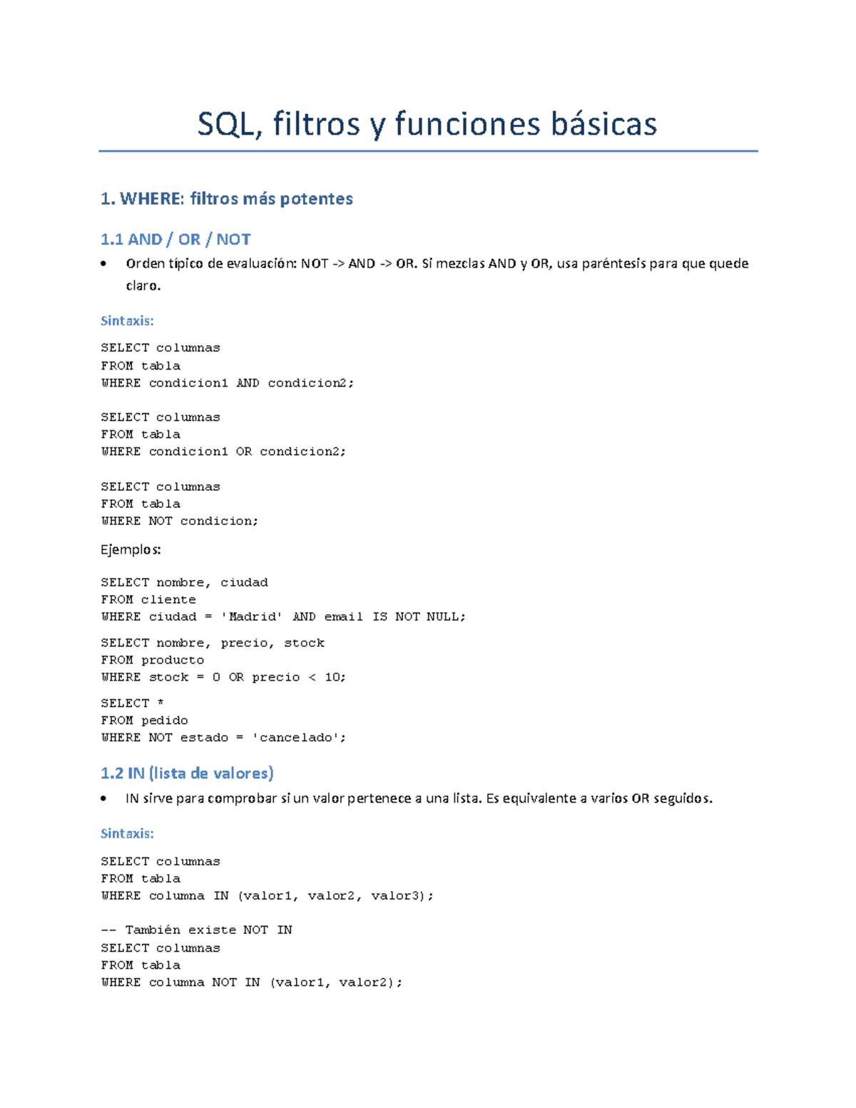 Teoría SQL 2: Filtros y Funciones Básicas en Consultas - Studocu