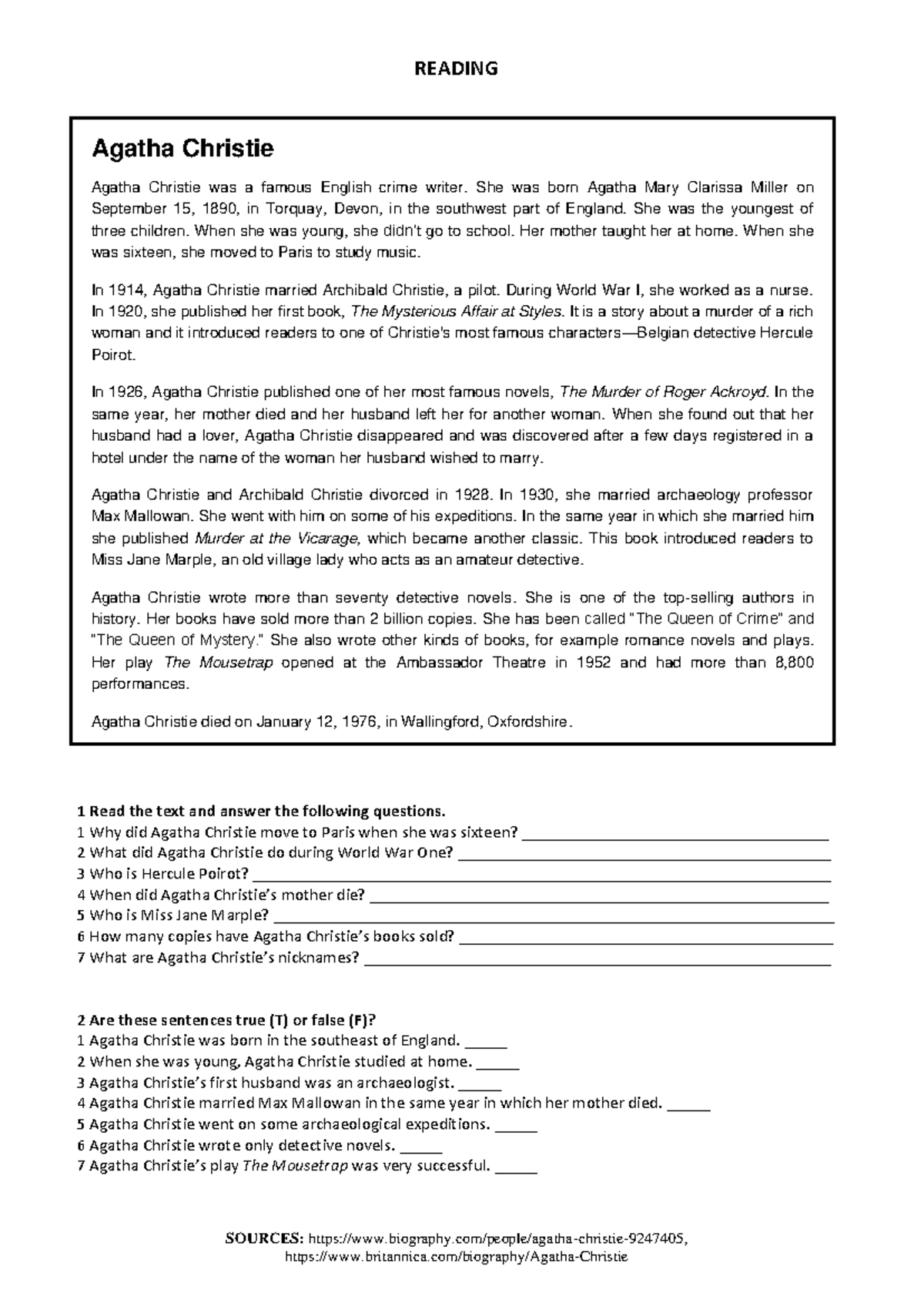 Agatha Christie Reading Comprehension Exercises 99790 - Studocu