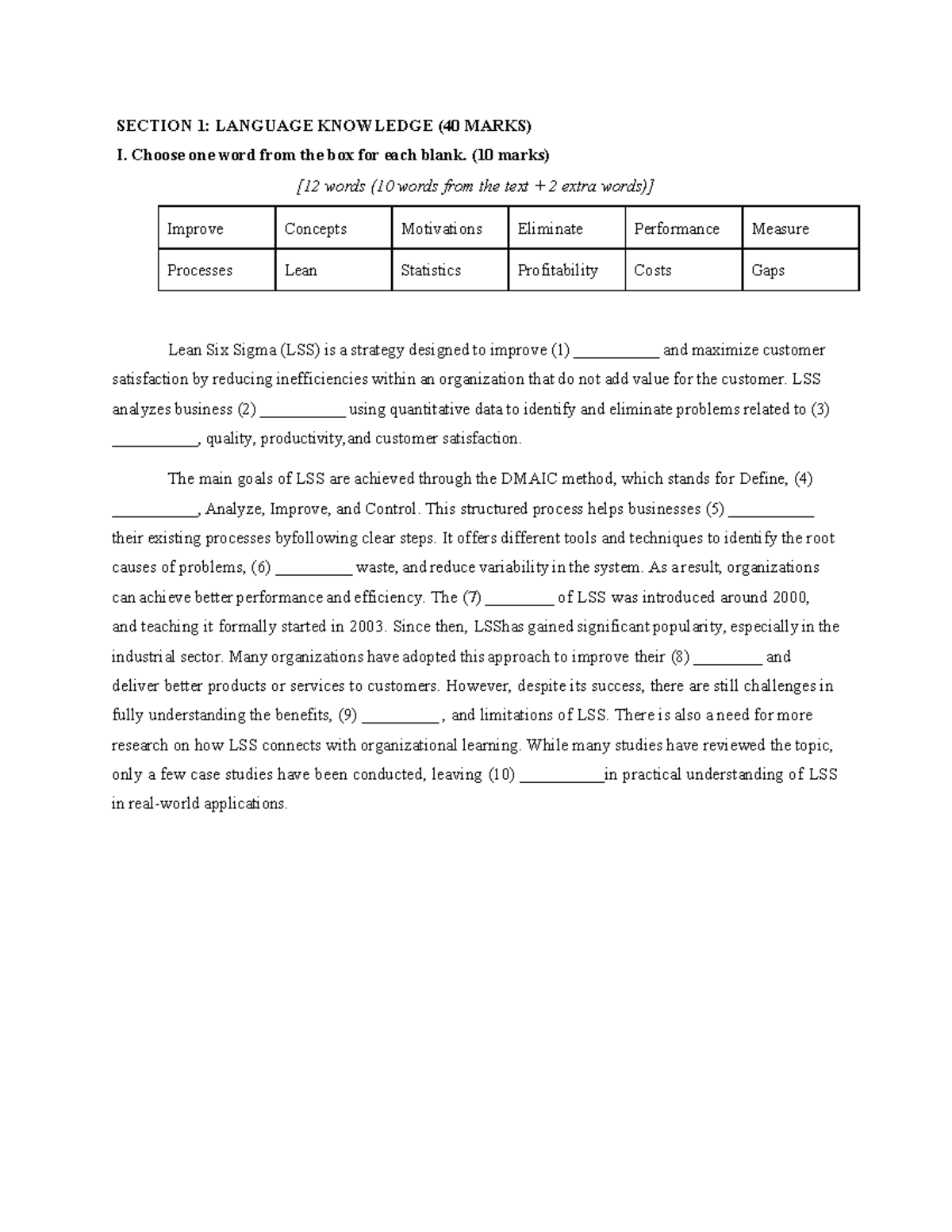 Sample Test 3: Language Knowledge & Use (LSS) - 100 Marks - Studocu
