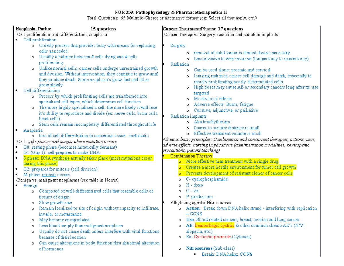 Patho II exam 4 blueprint - NUR 339: Pathophysiology ...