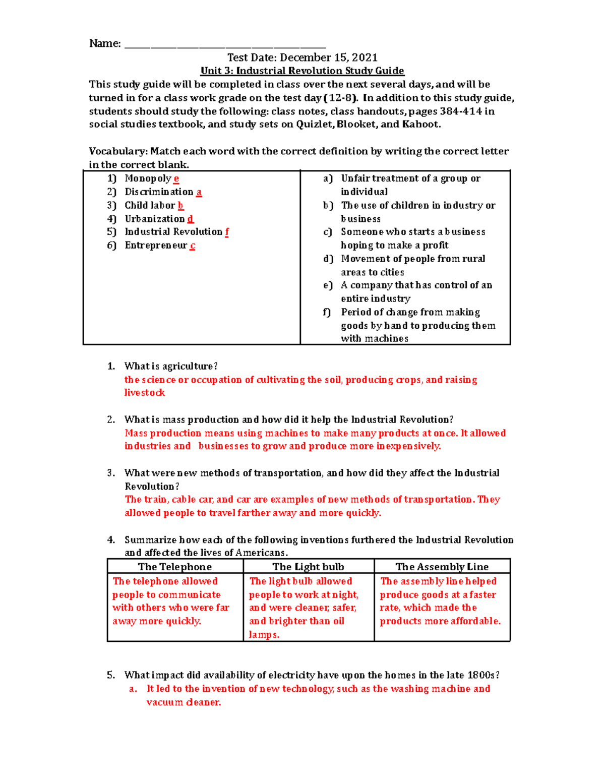 Industrial Revolution Unit 3 Study Guide Answer Key (Review) - Studocu