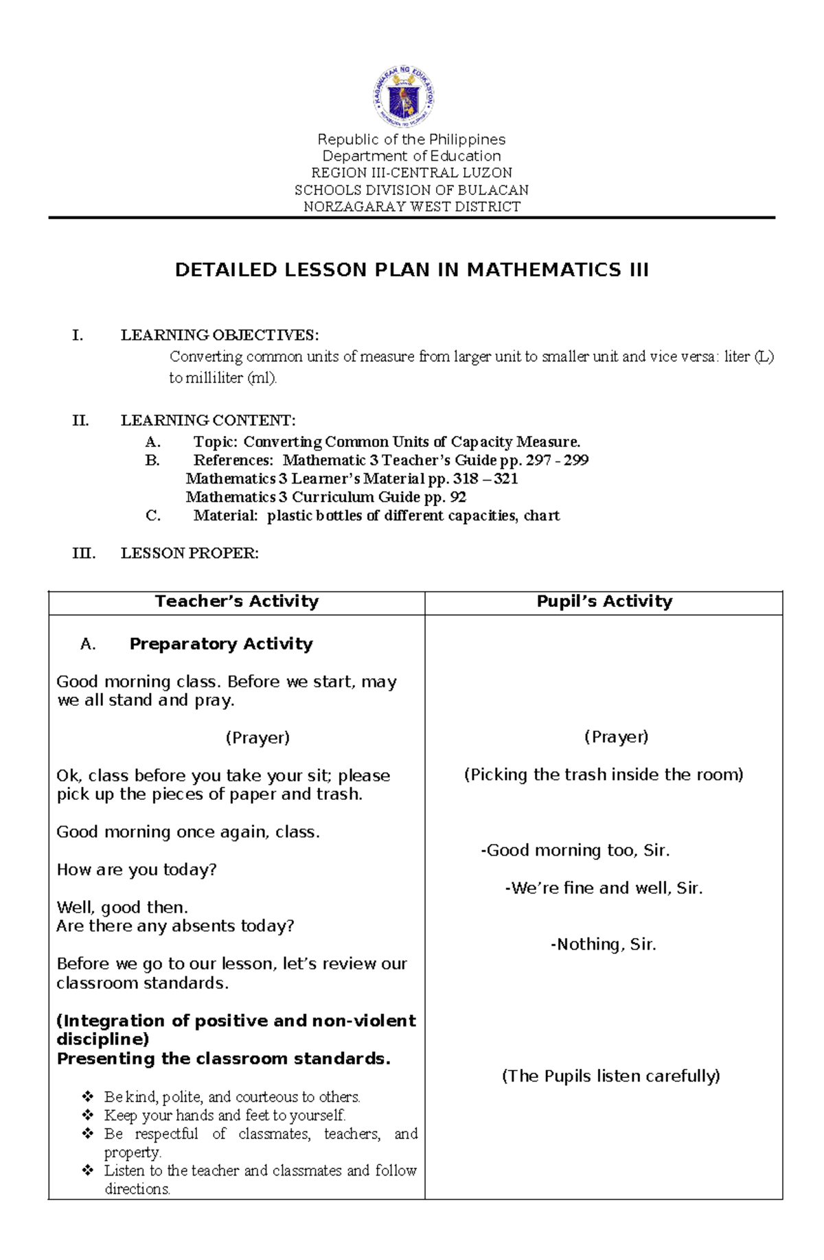 Grade 3 MATH 3 Detailed Lesson Plan on Unit Conversion - Studocu
