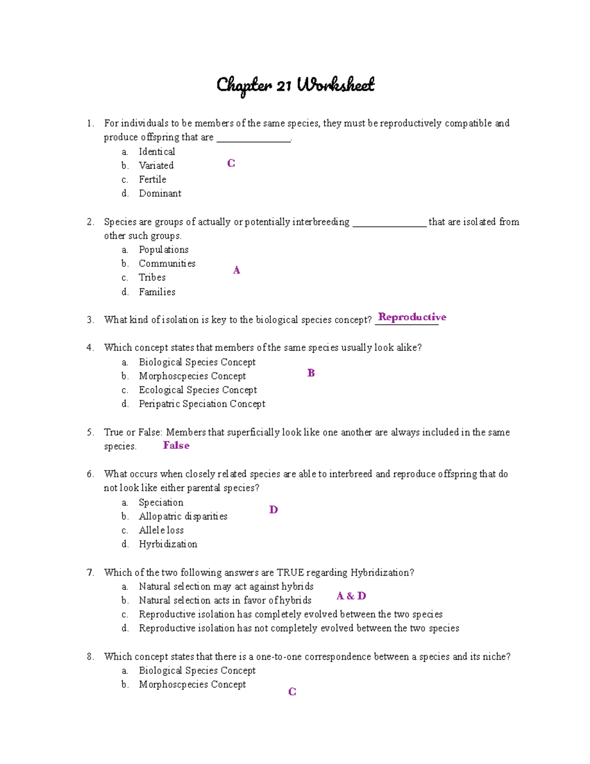 Chapter 21 Worksheet: Species Concepts & Speciation Types (Biology ...