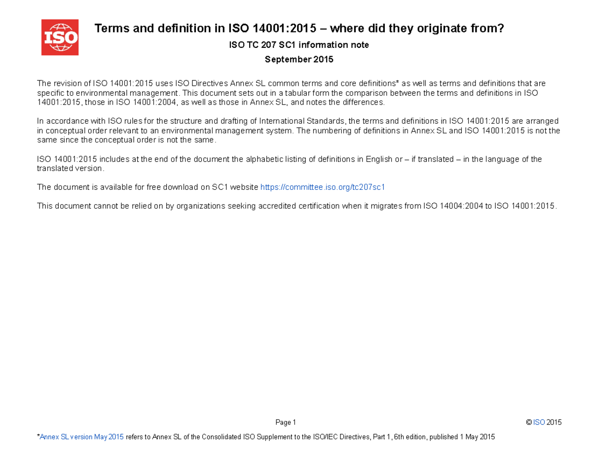 ISO 14001:2015 Key Terms and Definitions - ISO TC 207 SC1 Note - ISO TC ...
