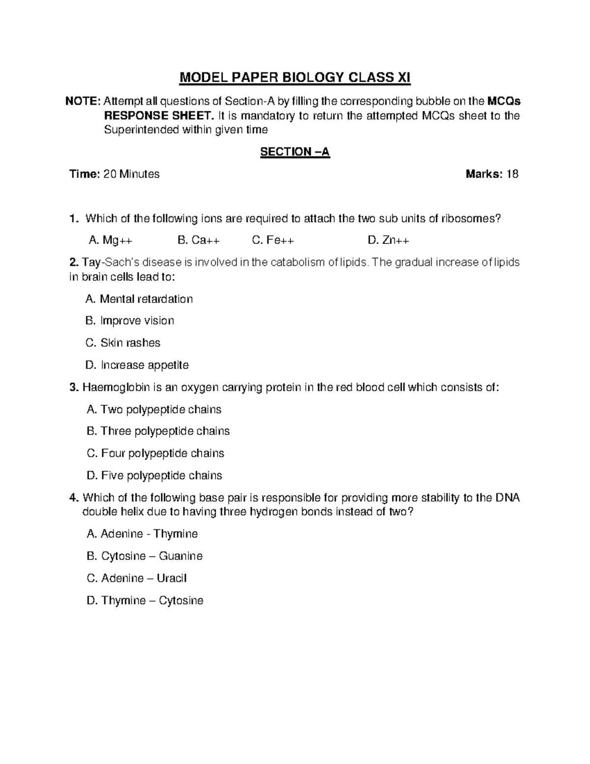 Model Paper Biology Class XIFinal - MODEL PAPER BIOLOGY CLASS XI NOTE ...