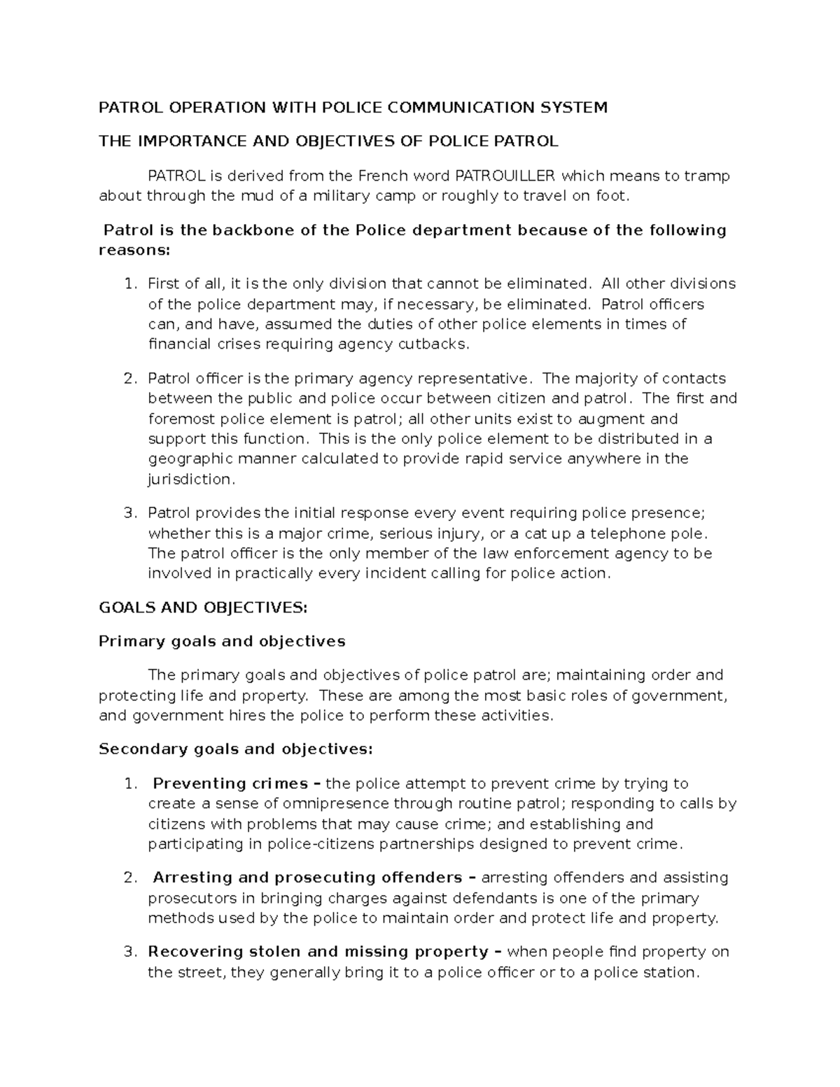 Police Patrol Operation - PATROL OPERATION WITH POLICE COMMUNICATION ...