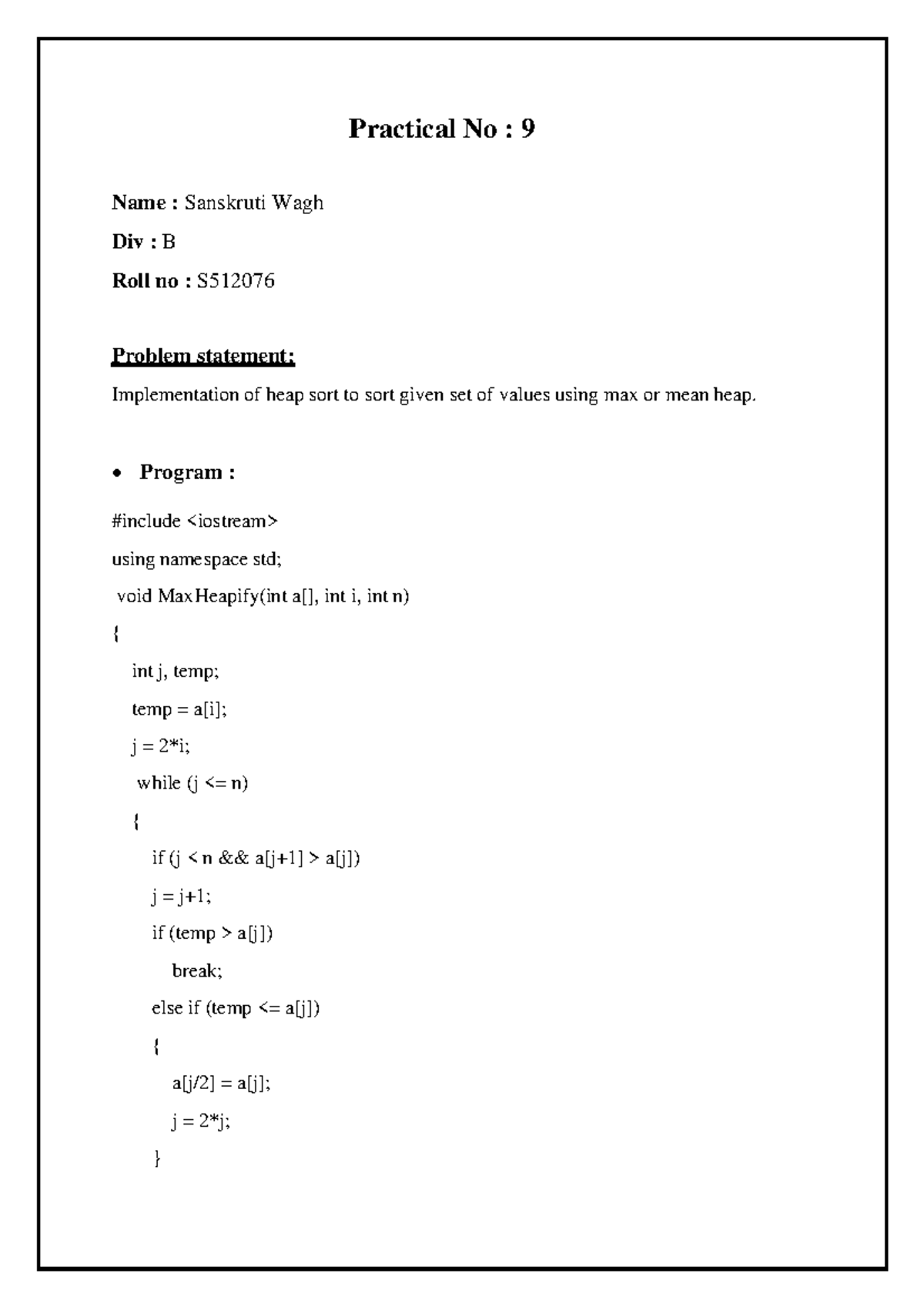 PR 9 - Maths practical 9 - Practical No : 9 Name : Sanskruti Wagh Div : B Roll no : S51207 6 ...