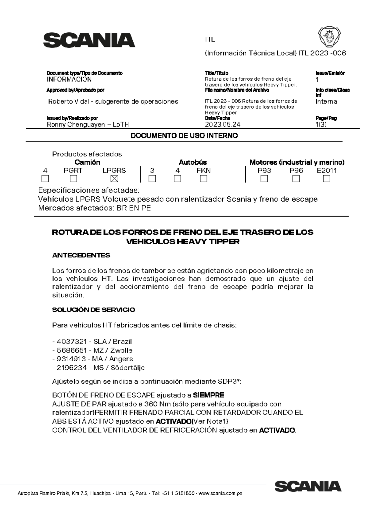 ITL 2023 - 006 Informe sobre Rotura de Forros de Freno en Heavy Tipper ...