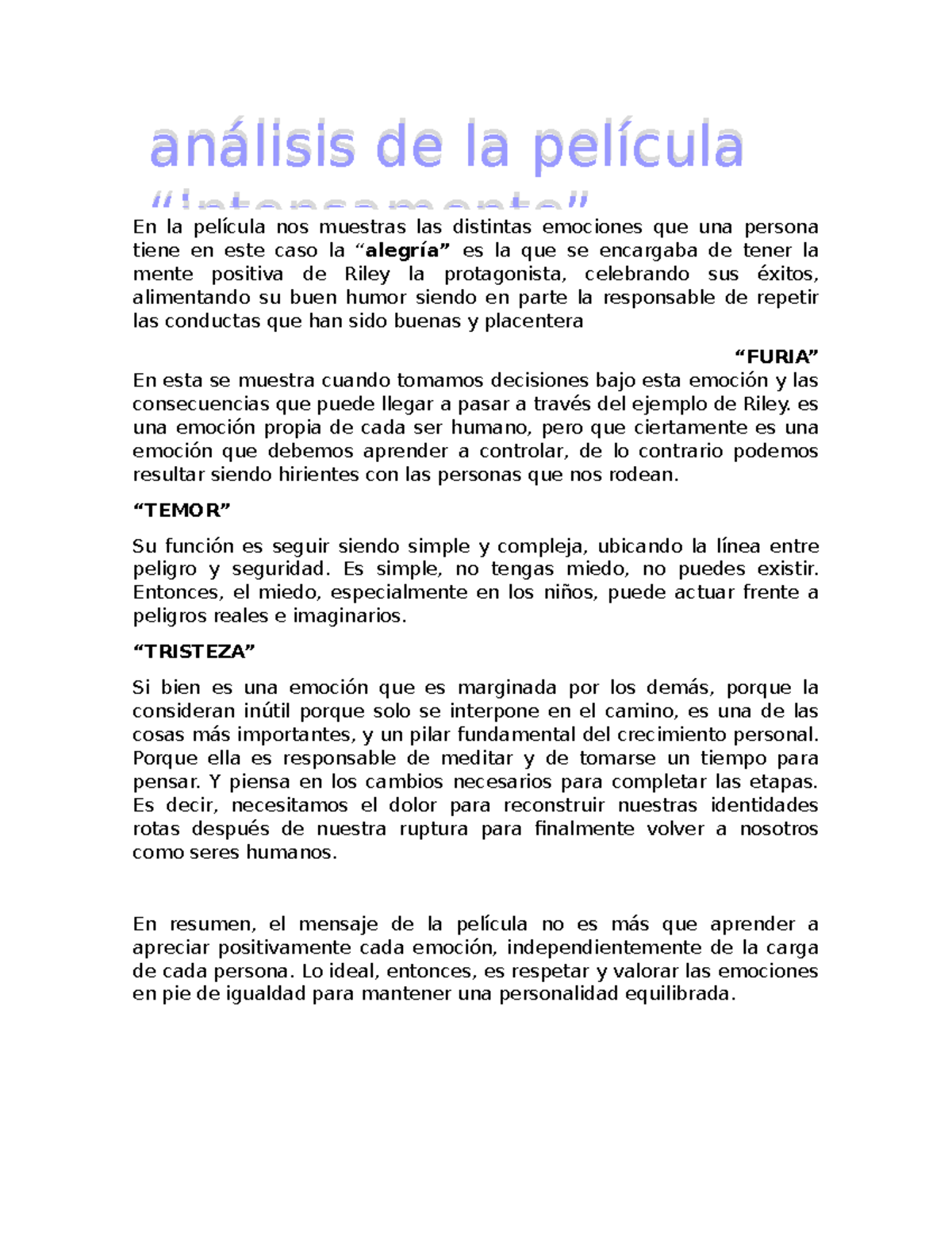 Análisis de la película “intensamente” - En la película nos muestras ...