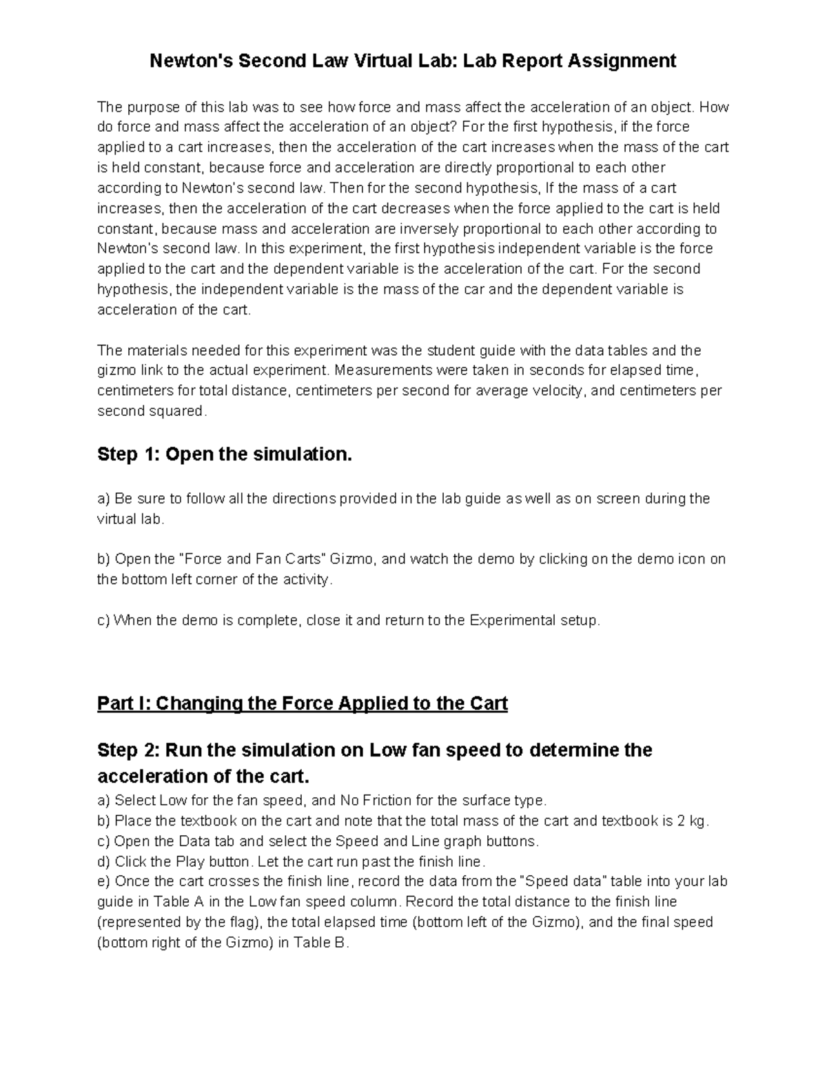 Lab Report: Newton's 2nd Law Assignment 1 - Force & Mass Impact on ...