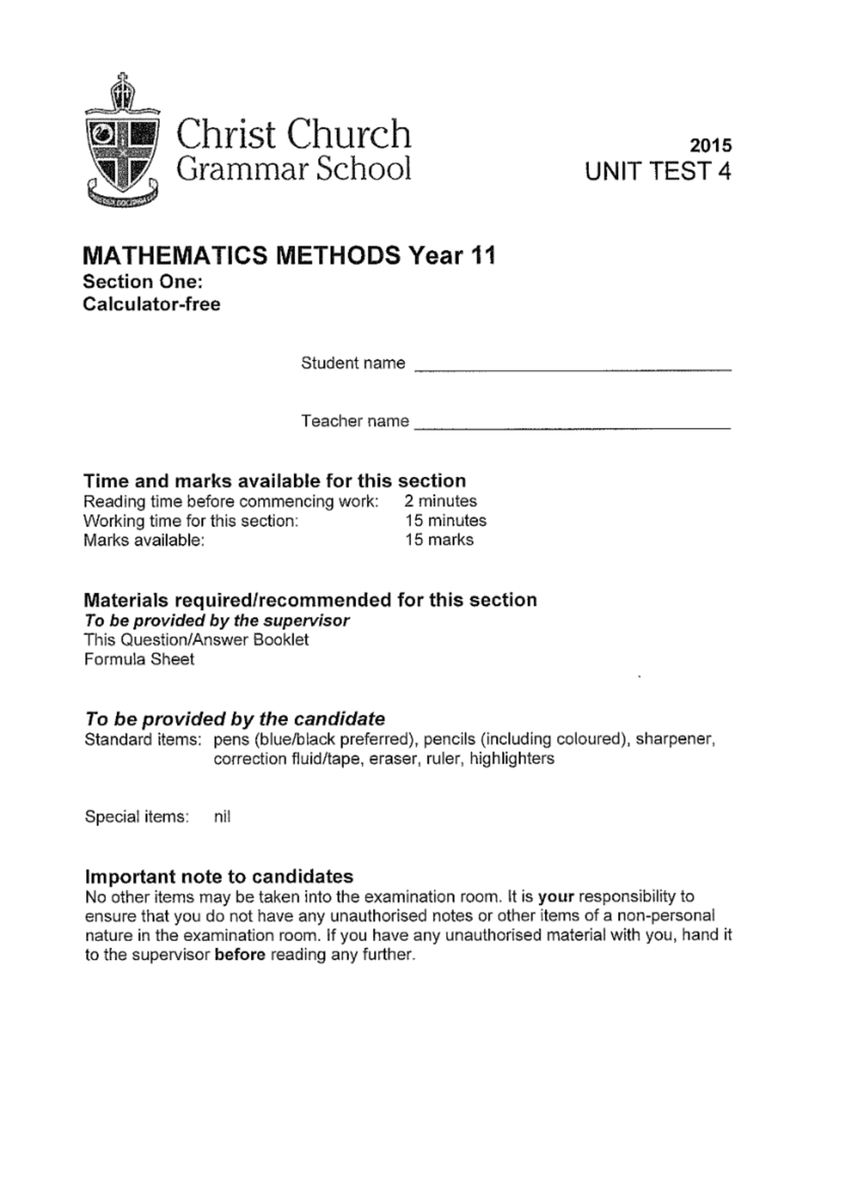 Christ Church 2016 CCGS UNIT TEST 5 - Mathematics Methods Year 11 - Studocu