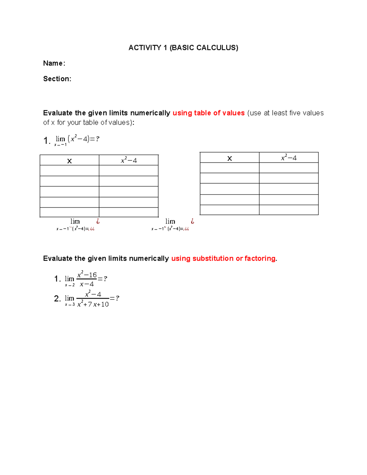 Activity 1 - Basic Calculus - ACTIVITY 1 (BASIC CALCULUS) Name: Section ...