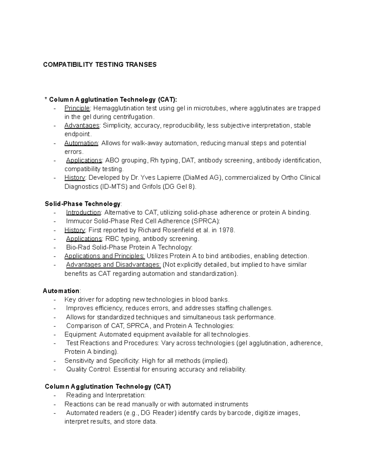 Bb - Extra nites - COMPATIBILITY TESTING TRANSES Column Agglutination ...