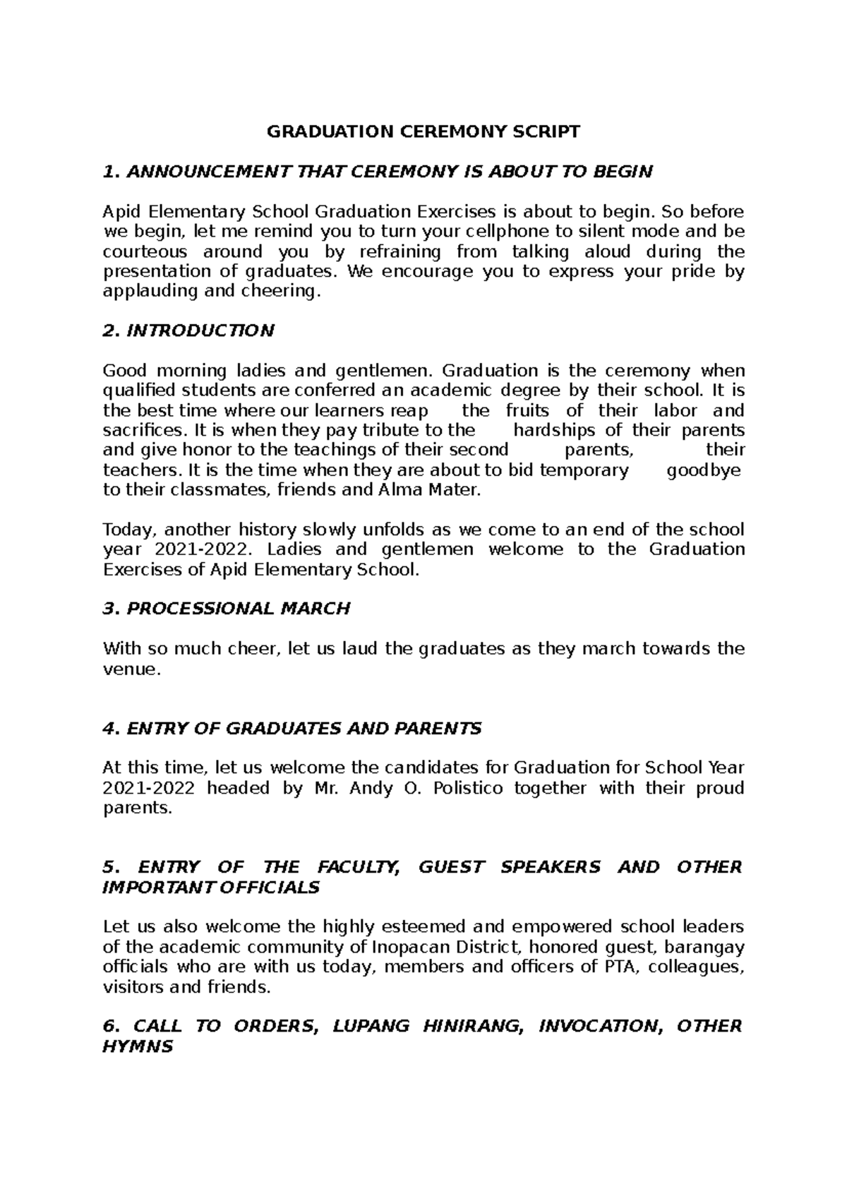 Script FOR MC Graduation - GRADUATION CEREMONY SCRIPT 1. ANNOUNCEMENT ...