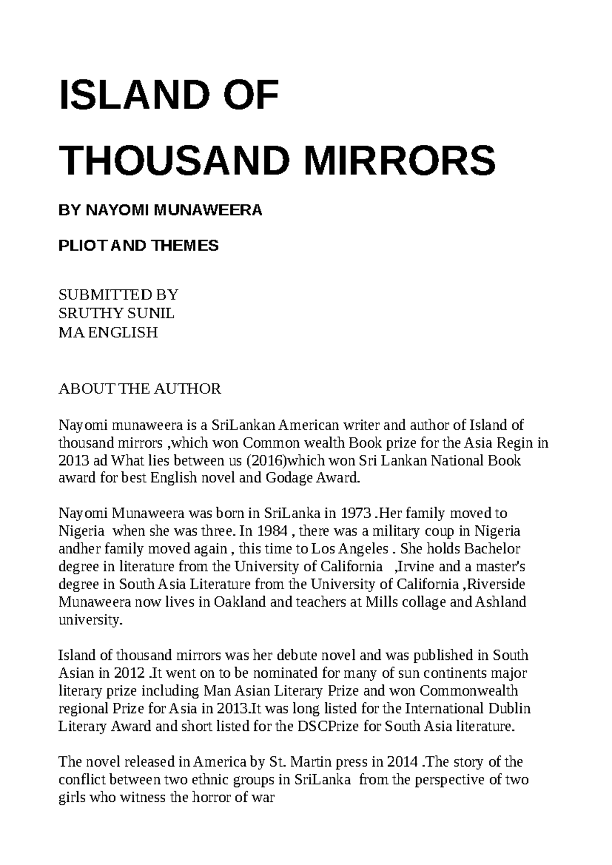 ISLAND OF THOUSAND MIRRORS: PLOT & THEMES ANALYSIS (MA ENGLISH) - Studocu